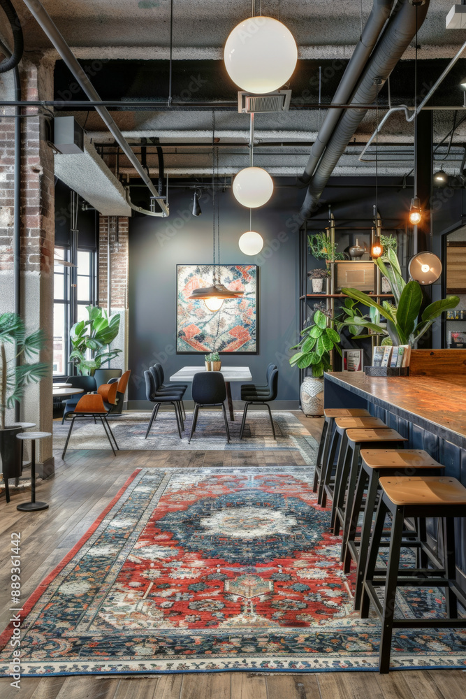 Dynamic coworking space with open-plan layout, flexible seating options ...