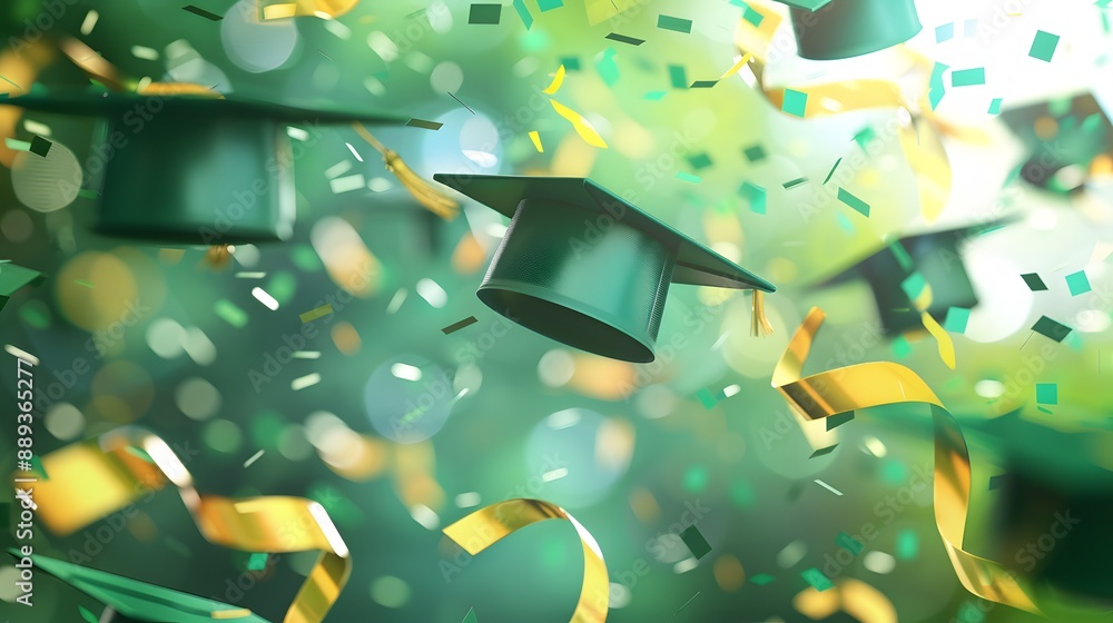 Graduation. Transparent background with realistic flying black degree ...