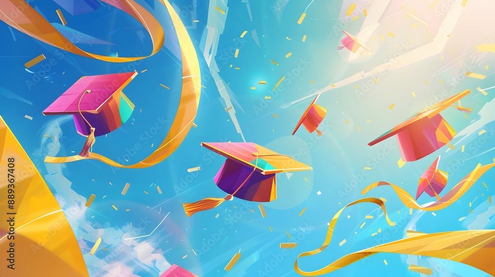 Graduation. Transparent background with realistic flying black degree ...