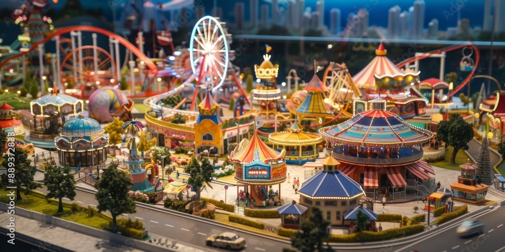 Detailed Miniature Amusement Park Model Featuring Various Attractions ...