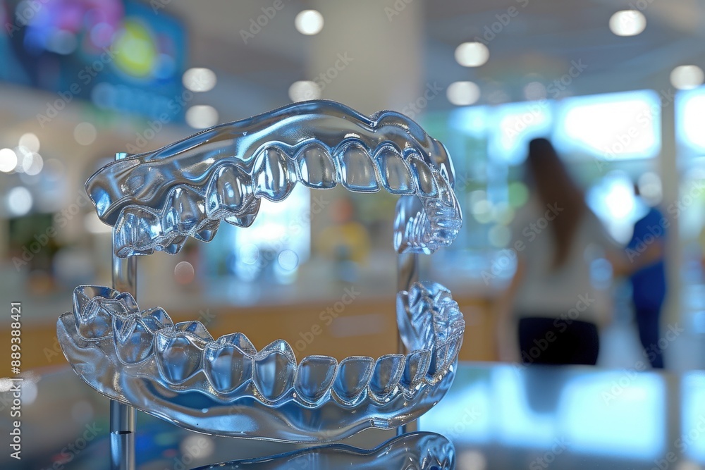 A clear aligner model is displayed on a counter in a dental office. The ...