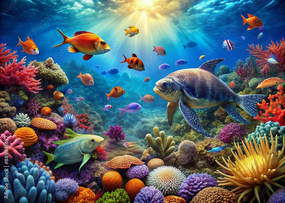 Vibrant blue underwater scene featuring coral reef teeming with diverse ...