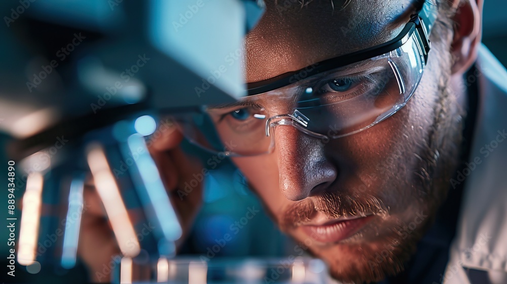 Scientist closely examining a sample under a microscope in a laboratory ...