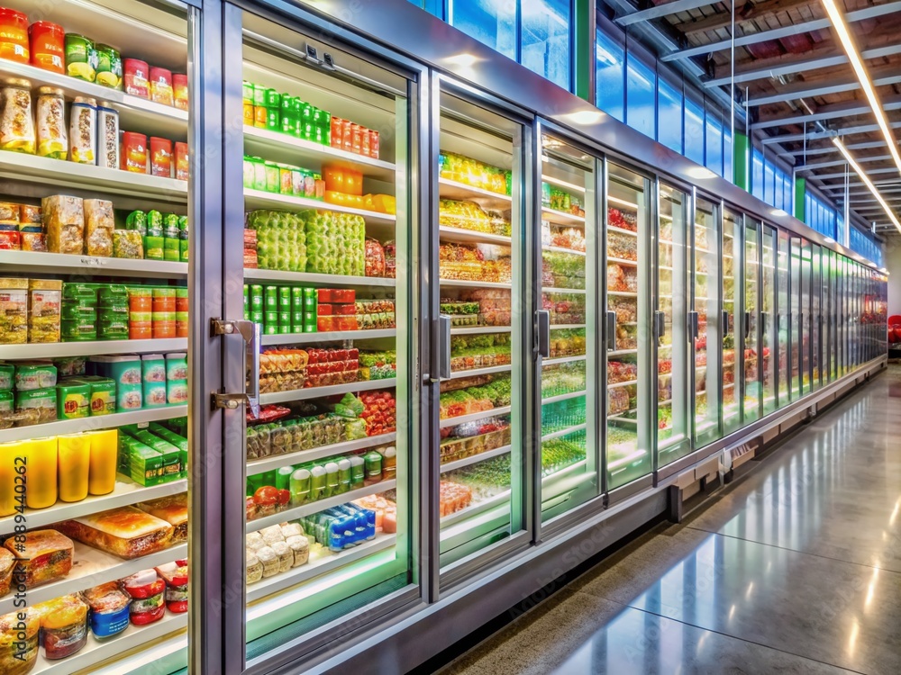 Colorful frozen foods and beverages fill shelves in a modern ...
