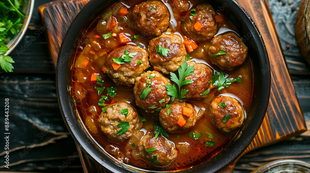 Top view turkish meatball stew, sulu kofte dish in a pan simple ...