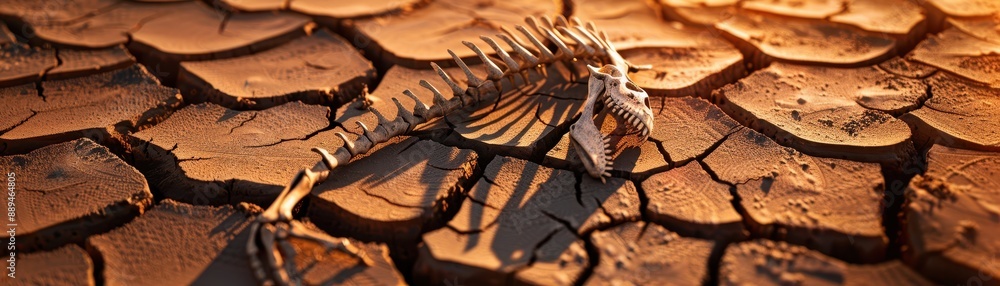 A fish skeleton on cracked, dry earth symbolizes the harsh impact of ...