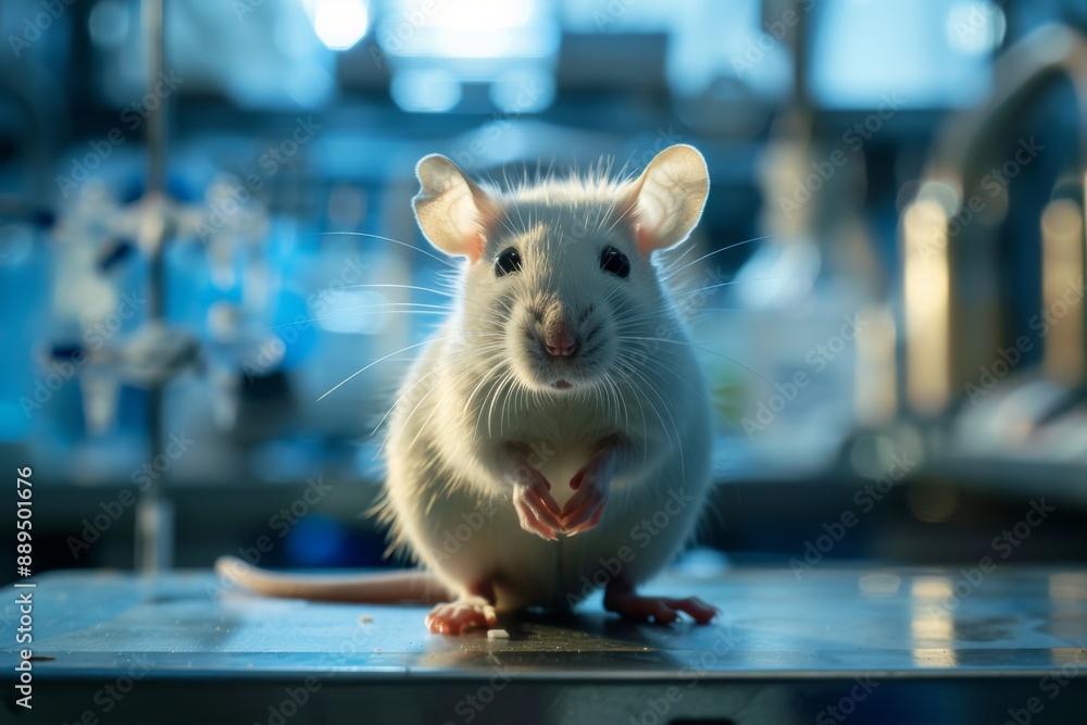 A white lab rat sits on a table in a laboratory setting. Its whiskers ...