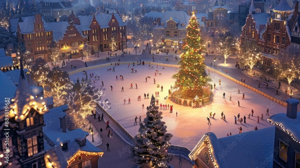 Ice-skating rink in a city square, people skating, large Christmas tree ...