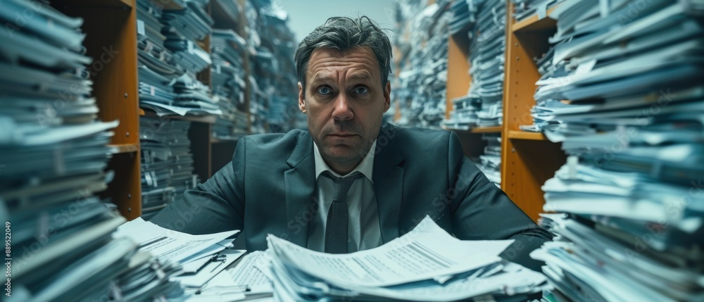Stressed Businessman Drowning in Paperwork at Office Desk - Concept of ...