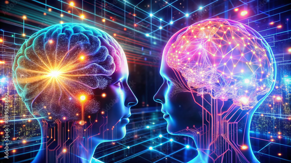 Sleek neural networks intertwine with human brain scans, depicting futuristic merger of ...