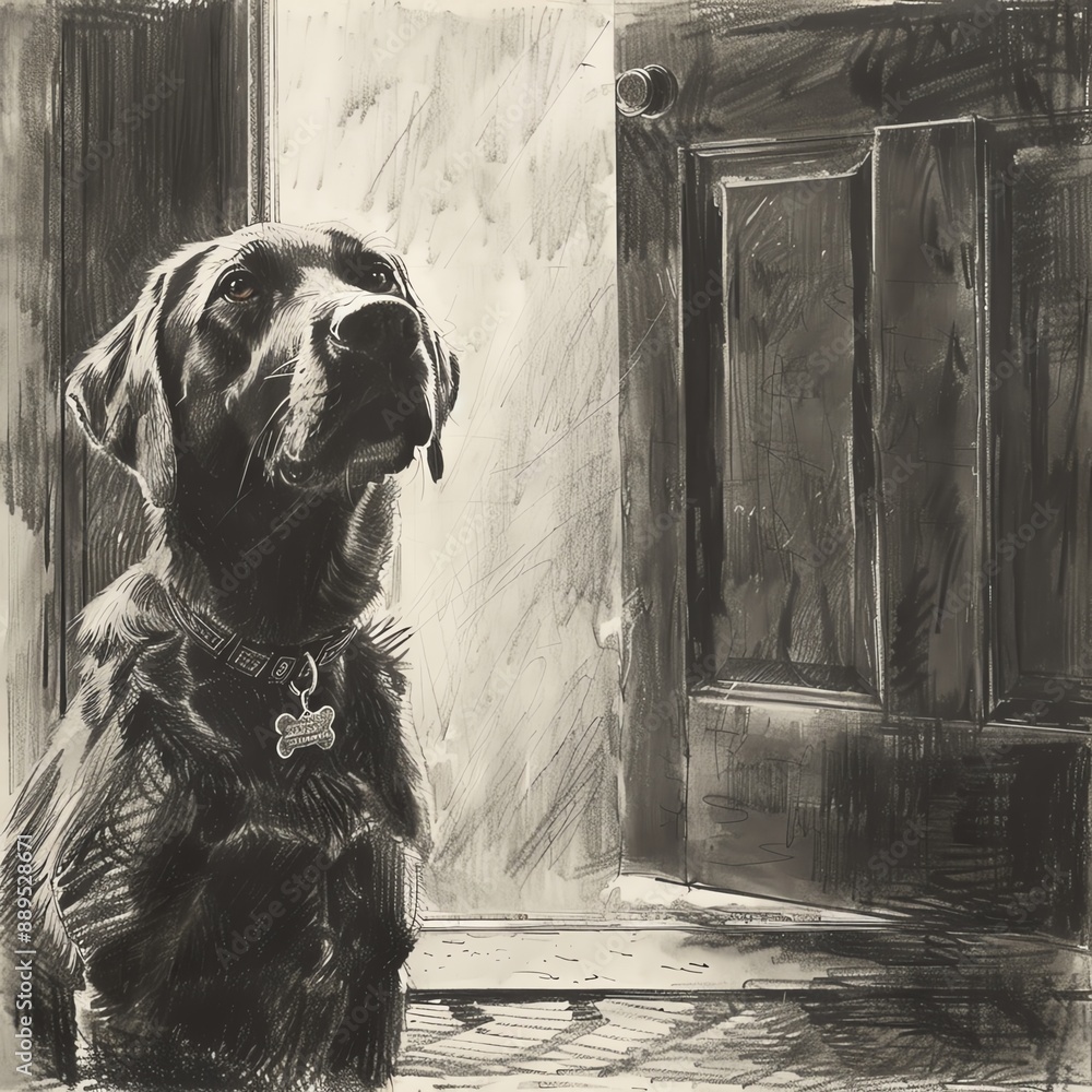 A heart-melting drawing of a loyal dog faithfully waiting by the front ...