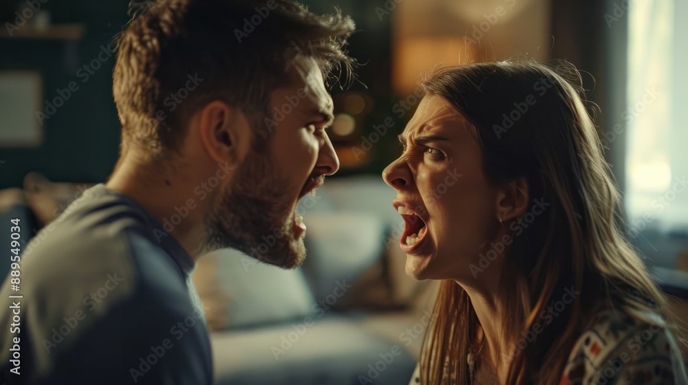 Angry young adult Caucasian woman yelling versus her husband at home ...
