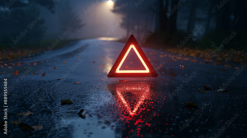A glowing red warning triangle reflects on a wet, misty road under a ...