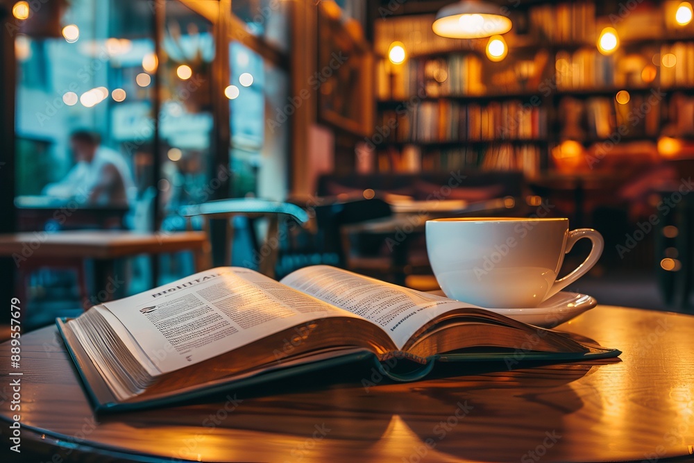 Open book and coffee cup on table in cafe with bookshelf in background ...
