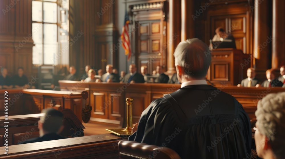 In a courtroom, a judge is delivering a verdict. After the verdict, the ...