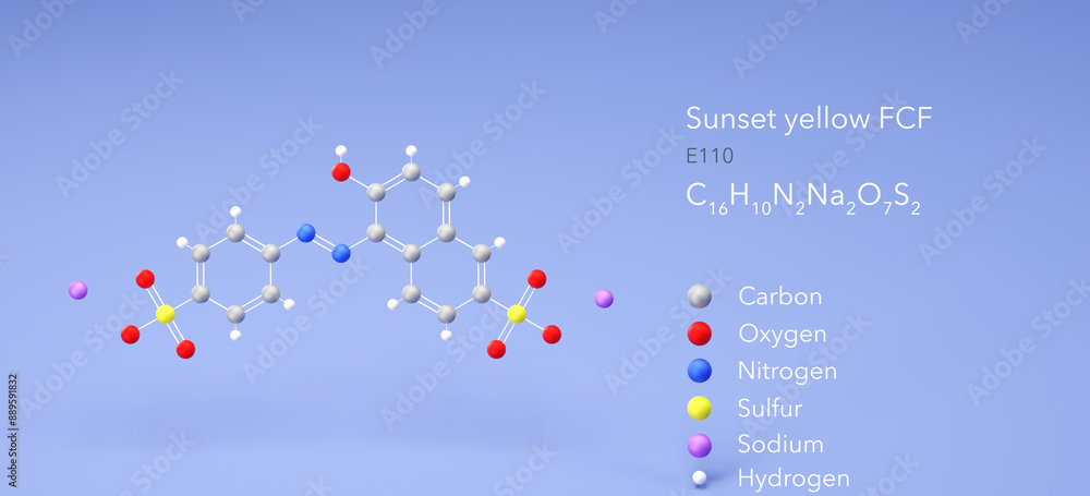 sunset yellow fcf molecule, molecular structure, e110, 3d model ...