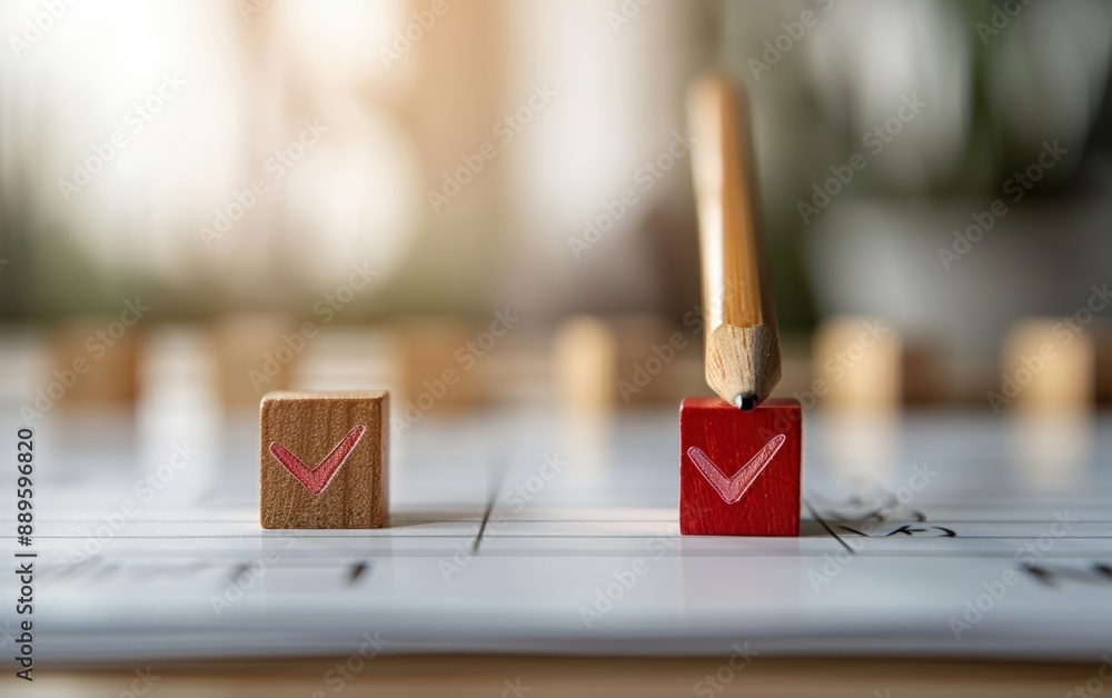 Pencil checking checklist with tick marks on wooden blocks, symbolizing ...