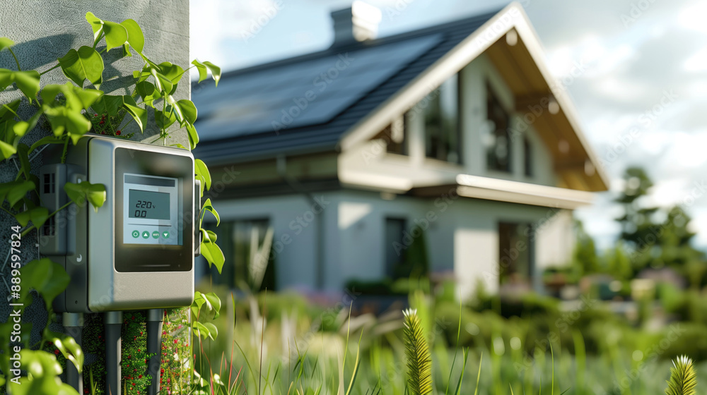 Smart energy meter installed on an eco-friendly house with solar panels ...