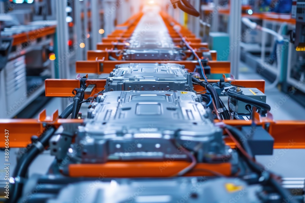 Electric car batteries on assembly line in modern manufacturing factory ...