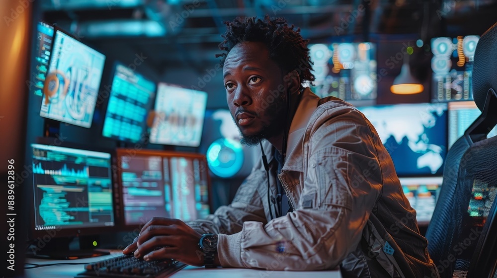 Black Man Working on Computer, Typing Lines of Code that Appear on Big ...