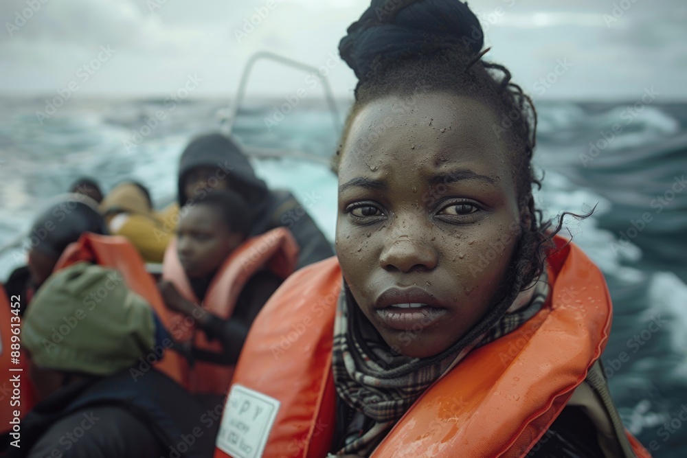 Refugees wearing life jackets on a boat journeying through rough seas ...
