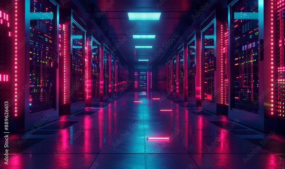 Data Technology Center Server Racks Working in Well-Lighted Facility. Concept of Internet of ...