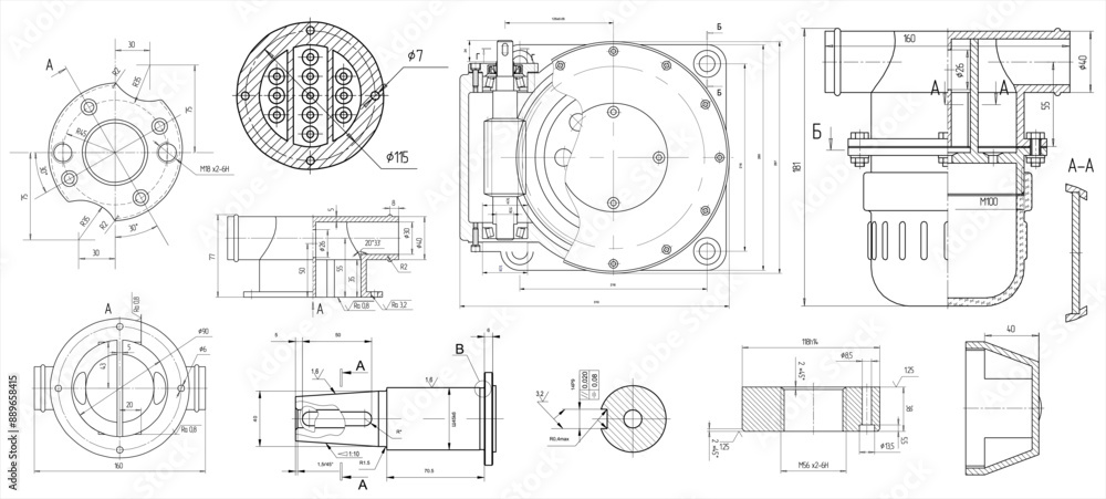 Vector set of steel mechanical devices with shaft, gear, electric ...