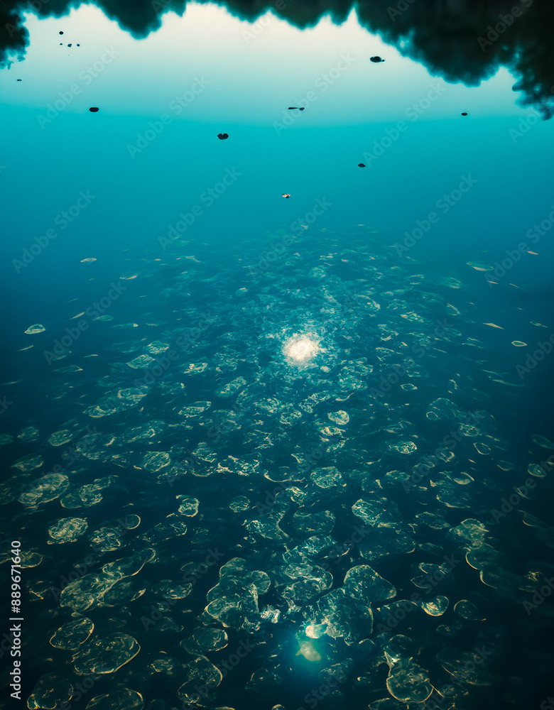 Underwater scene with coral reef. Calm clear pond with sea roses, rocks ...