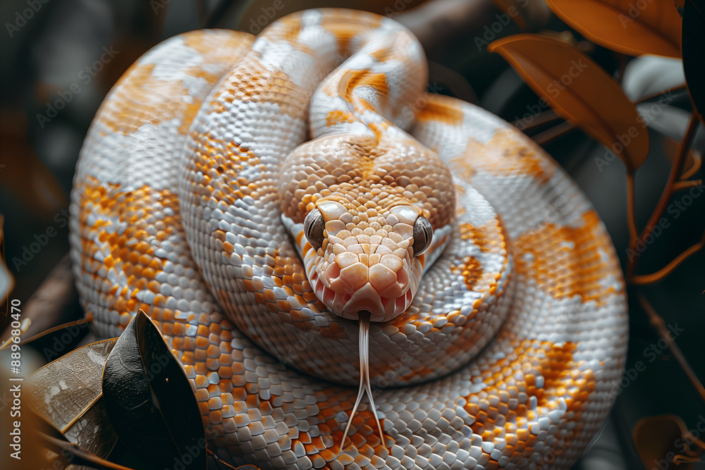 Light-colored snake rolled up on his body, big, fat and long, on a tree ...