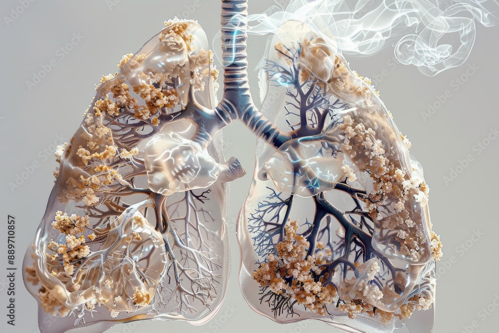Illustrated Cross Section of Human Lungs Showing Smoking Damage Over ...