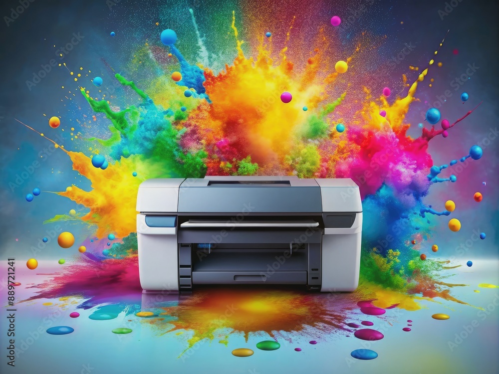 Vibrant color splashes surround a high-tech office printer, showcasing ...