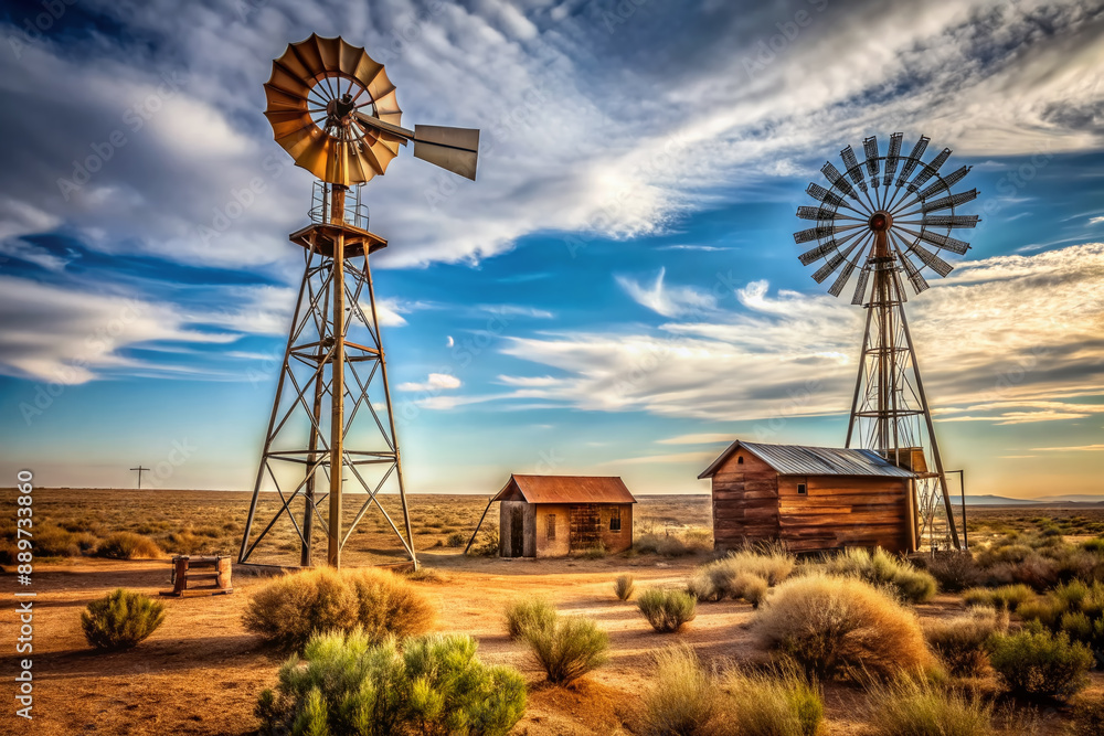 Vintage windmill stands tall amidst vast arid Texas ranch landscape ...