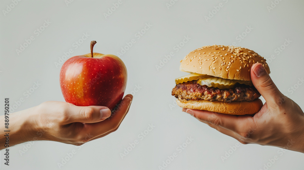Two hands presenting a red apple and a hamburger, creating a visual ...
