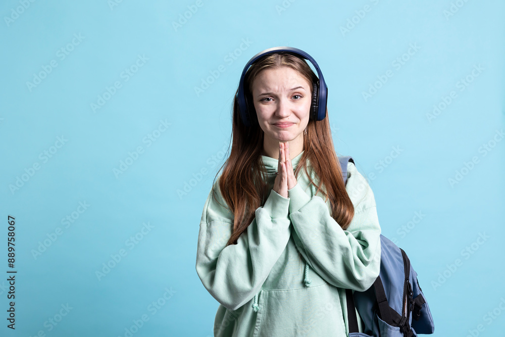 Woman doing begging hand gesture, in ardent need of favor from friend ...
