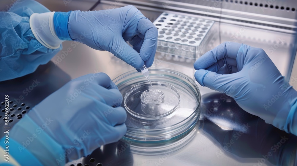 Human Embryo Transfer in Lab with Gloved Hands and Petri Dish Under ...