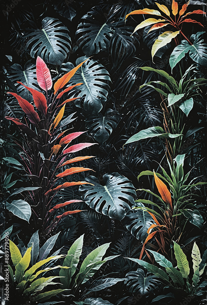 Illustrative depiction of a section of lush fresh jungle leaves and ...