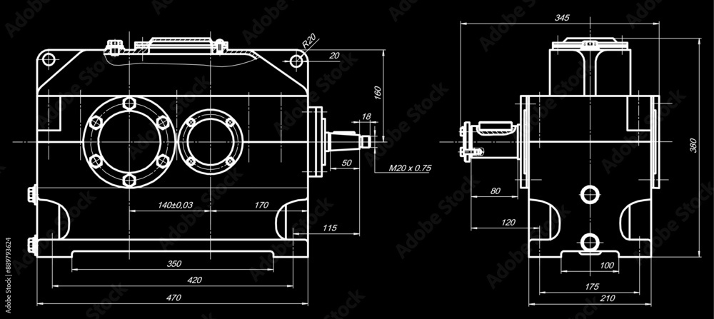 Assembly drawing of reducer. Vector drawing of steel mechanical device ...