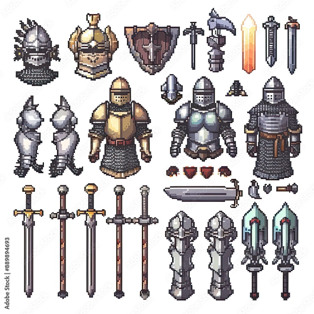 Detailed pixel art collection of medieval knight armor, weapons, and ...