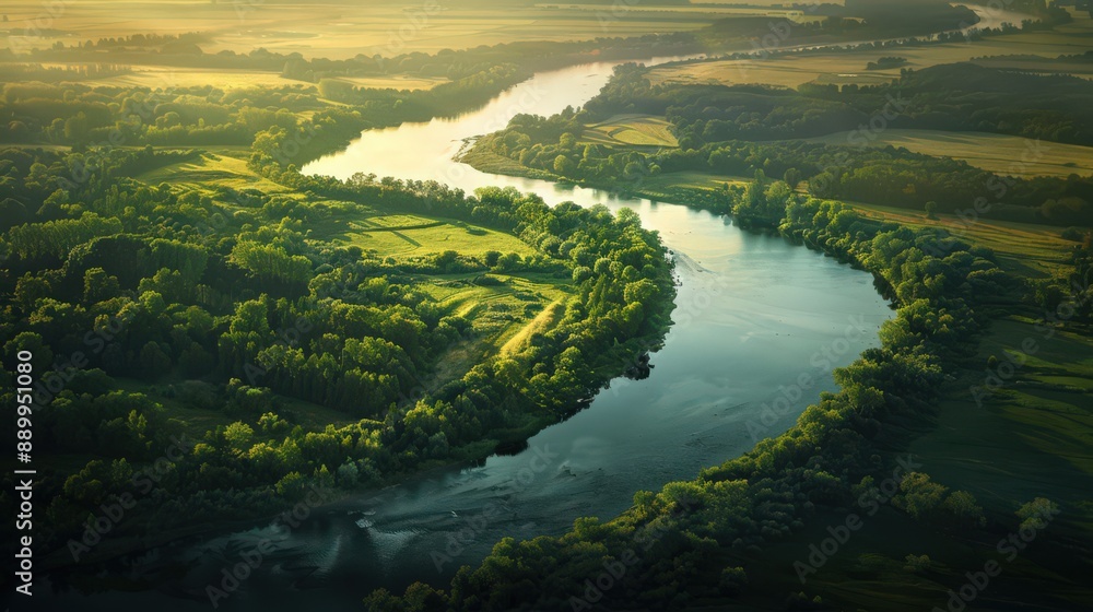 Illustrate an aerial view of a river with a high dynamic range effect ...