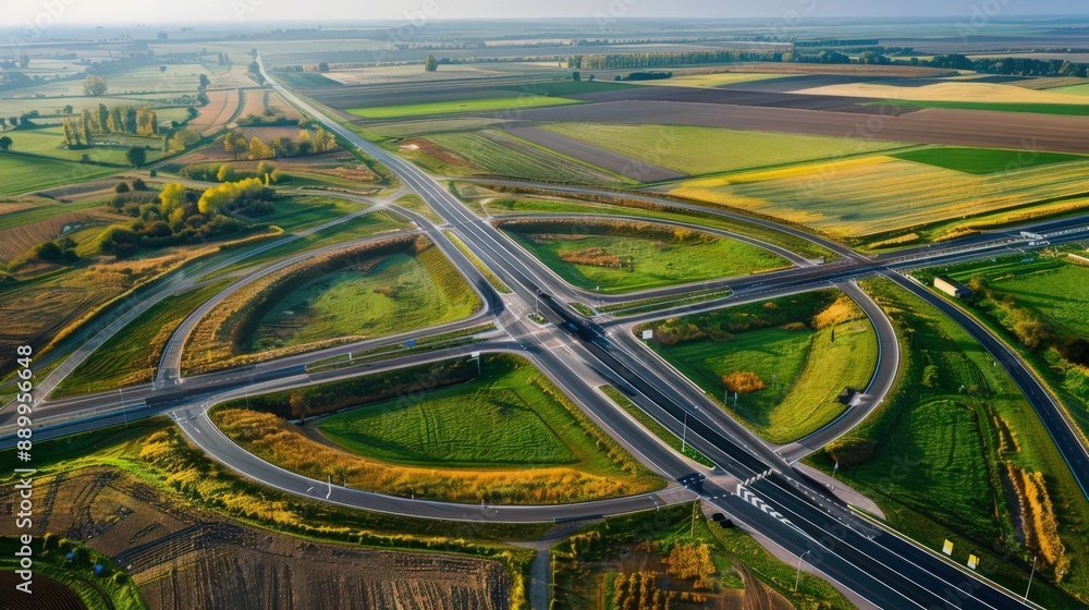 Present an aerial view of a highway intersection in a rural setting ...