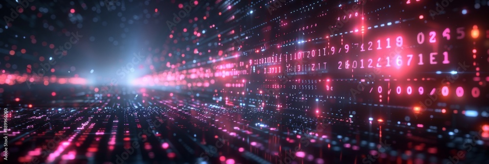 A detailed view of a digital matrix with random numbers and symbols ...