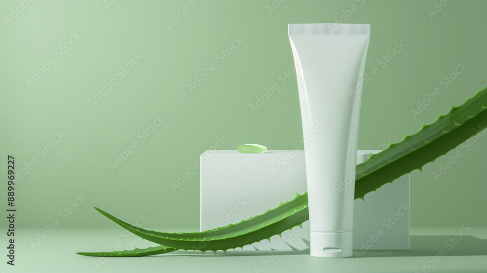 mock up of toothpaste in a plain white tube in daylight, pieces of aloe ...