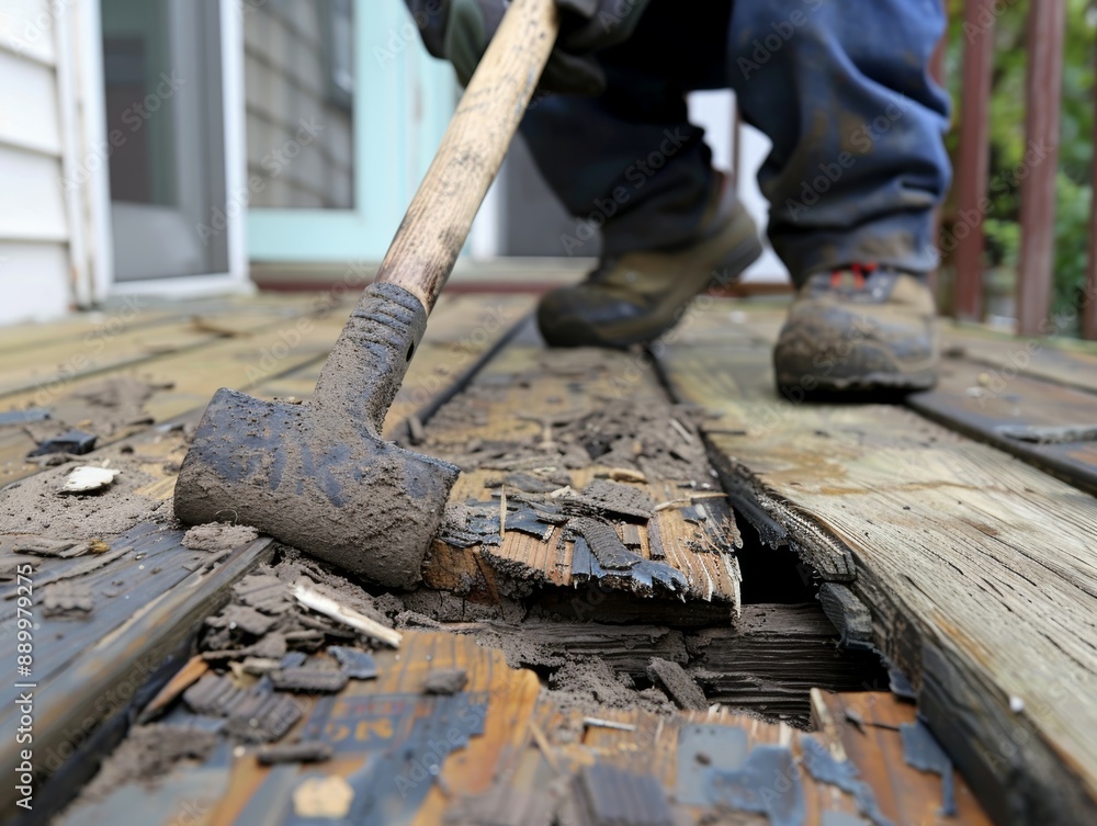 Worker removing old, damaged wooden deck with an axe, preparing for ...