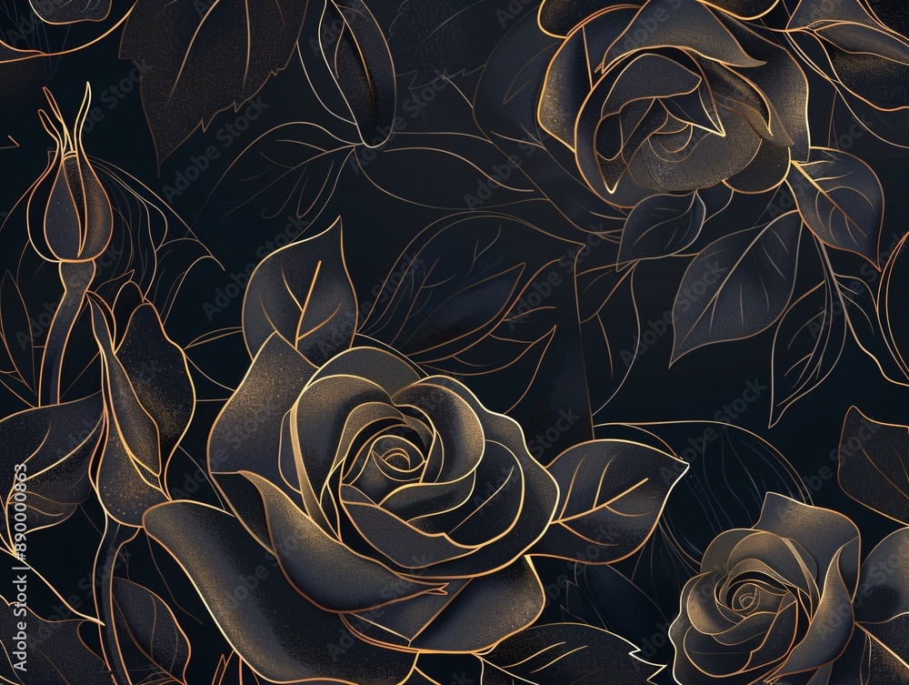 1. A luxurious golden rose flower line art background, featuring ...