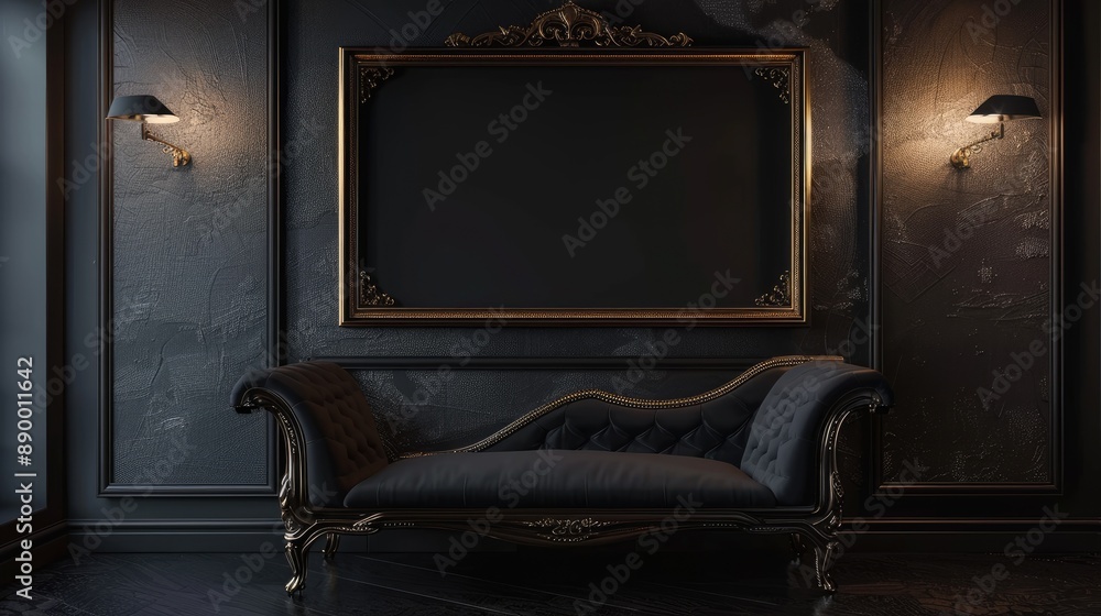 Gilded Antique Frame on Moody Wall Above Velvet Chaise Lounge with ...