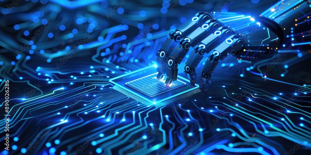 Futuristic Illustration Of A Robotic Hand Placing A Microchip On A Glowing Blue Circuit Board