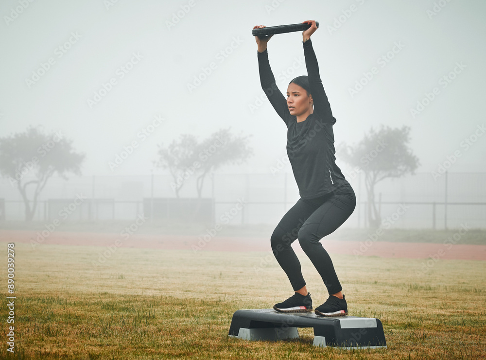 Woman, exercise and weightlifting with plate on grass, step and balance ...
