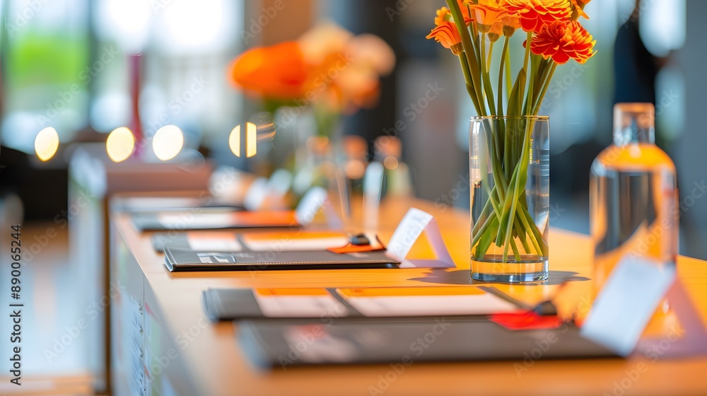 Professional Conference Registration Desk with Name Badges and Welcome ...