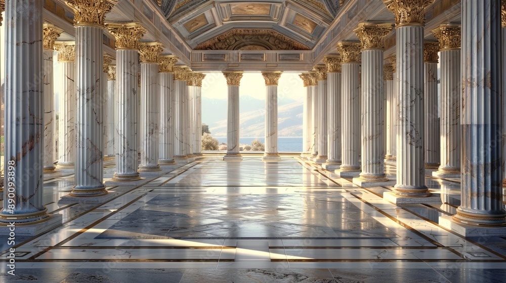 Corridor with Roman columns and bright light antique Greek or Roman ...