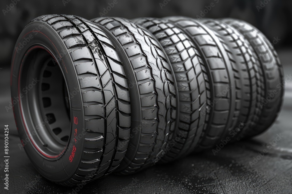 Showcase of various types of automobile tires with intricate tread patterns displayed side by ...